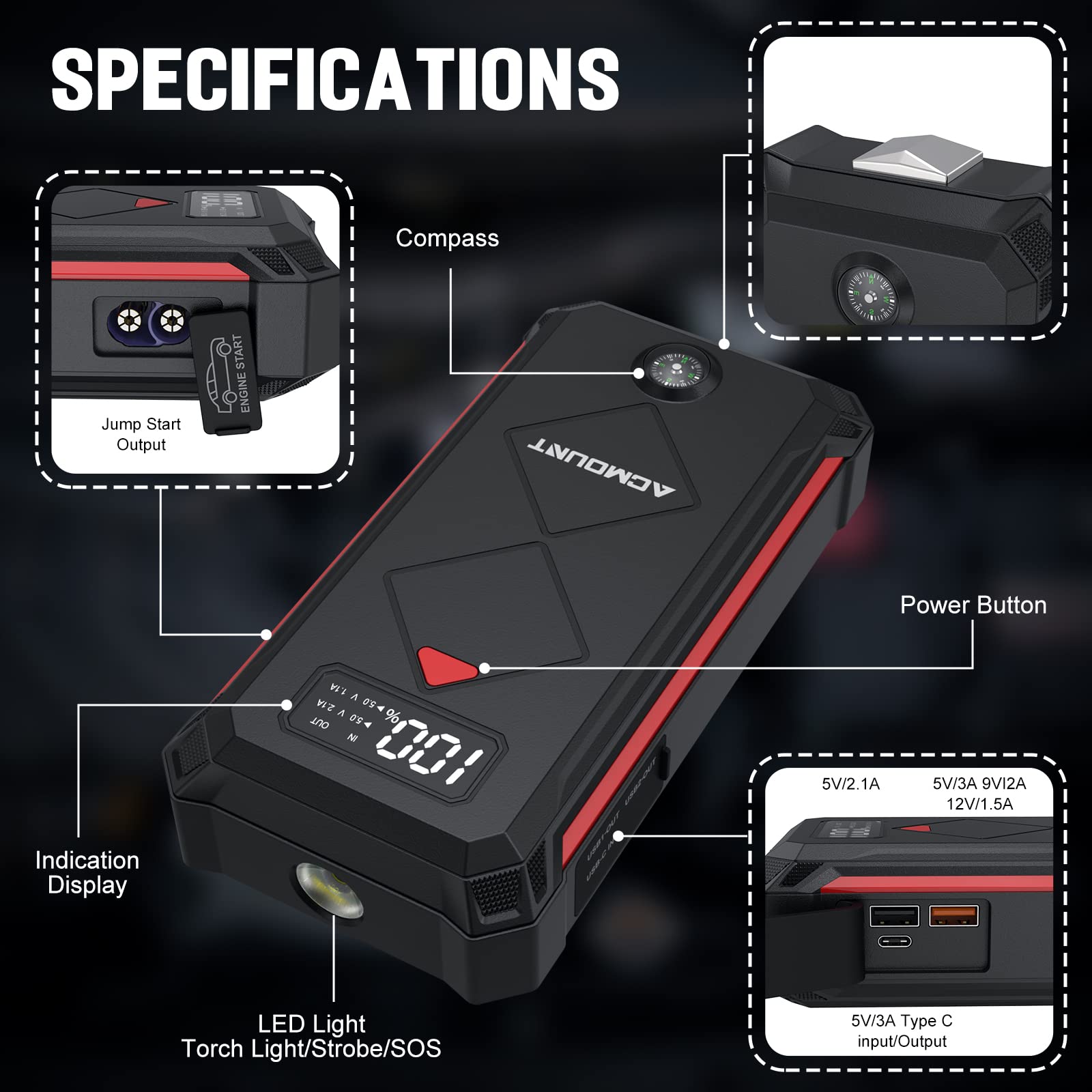 Acmount P100 Car Jump Starter, 3000A Peak Lithium Jump Starter Battery Pack for Up to 10.0L Gas or 8.0L Diesel Engine, Safe 12V Portable Battery Starter Power Pack with LED Screen & LED Light