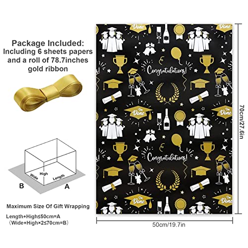 NEPOG 2022 Graduation Gift Wrapping Papers, 6 Sheets Black and Gold Gift Wrap Papers, 20 x 28 inch per sheet Folded Paper with 1 Roll Gold Ribbon for Graduation Party Gift Wrap DIY Craft