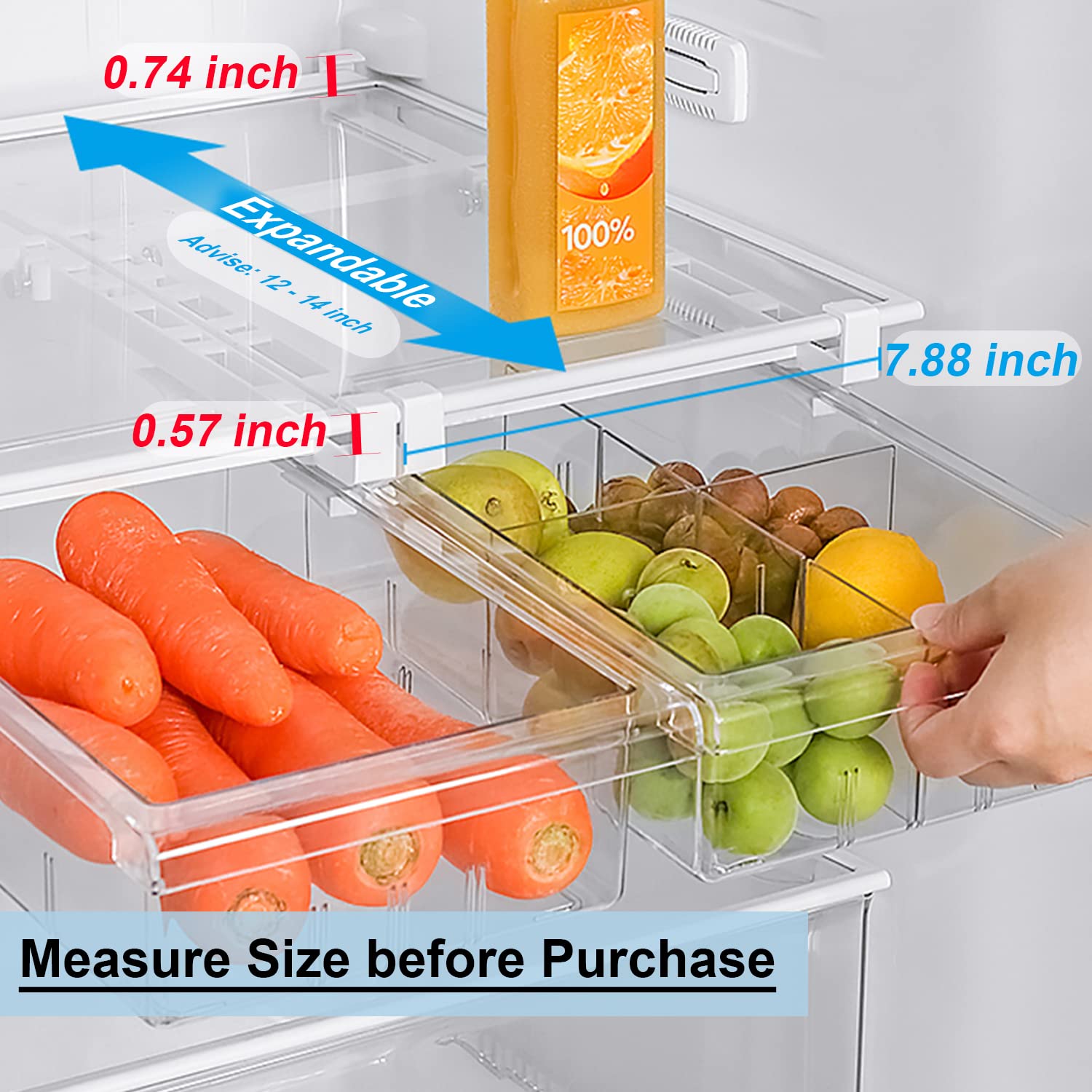Yatmung Fridge Drawer organizer and storage clear box, under shelf drawer refrigerator for Egg/Fruit/Vegetable, refrigerator organizer bins pull out drawer, Adjustable fridge storage containers 2-Pack