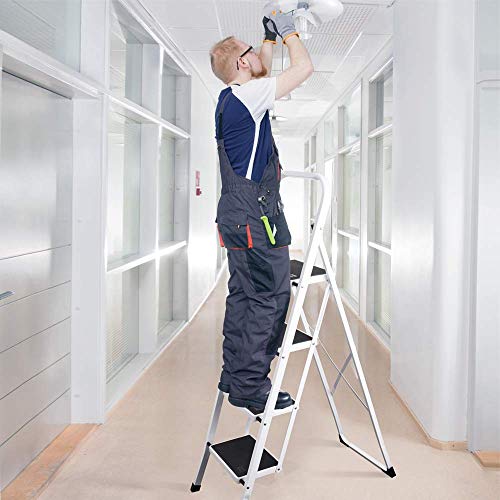 4 Step Ladder Step Stool, Sturdy Step Stools for Adults with Wide Anti-Slip Pedal, Portable Folding Step Stool with Handle, Lightweight Steel Step Ladder, 330lbs Capacity Kitchen Step Stool, White