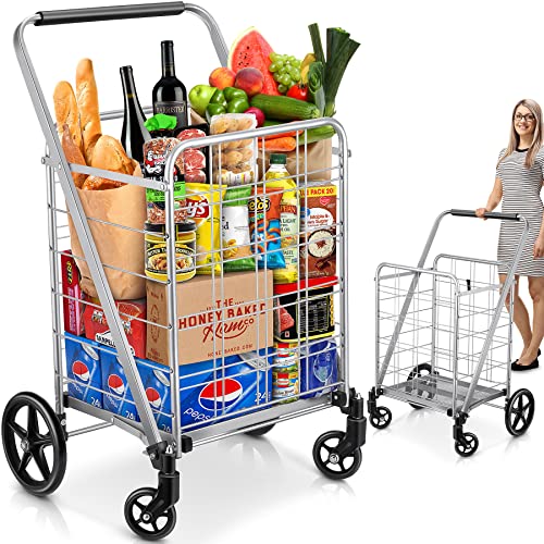 Jumbo Folding Shopping Cart - Grocery Utility Cart with Swivel Wheels for Types of Ground Rolling Cart for Multiple Uses Collapsible Portable Cart for Laundry, Groceries, Garden, Luggage, Travel