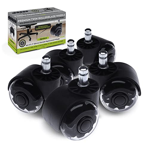 Slipstick Premium Rubber Office Chair Caster Wheel Replacements (Set of 5) for All Hard Surface Floors and Carpet, Heavy Duty 2 Inch Twin Rollerblade Chair Wheels with Universal Fit 7/16â Stem, CB684