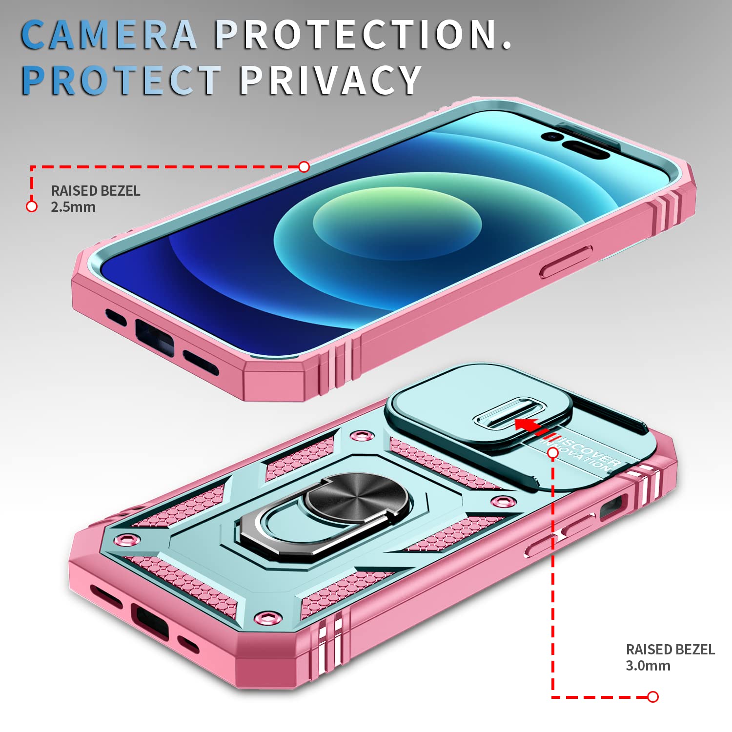 DAWEIXEAU Case for iPhone 14 Pro Max, Shockproof Impact Resistant with Slide Lens Protective Cover Case for iPhone 14 Pro Max (6.7 inch) (Pink Green)