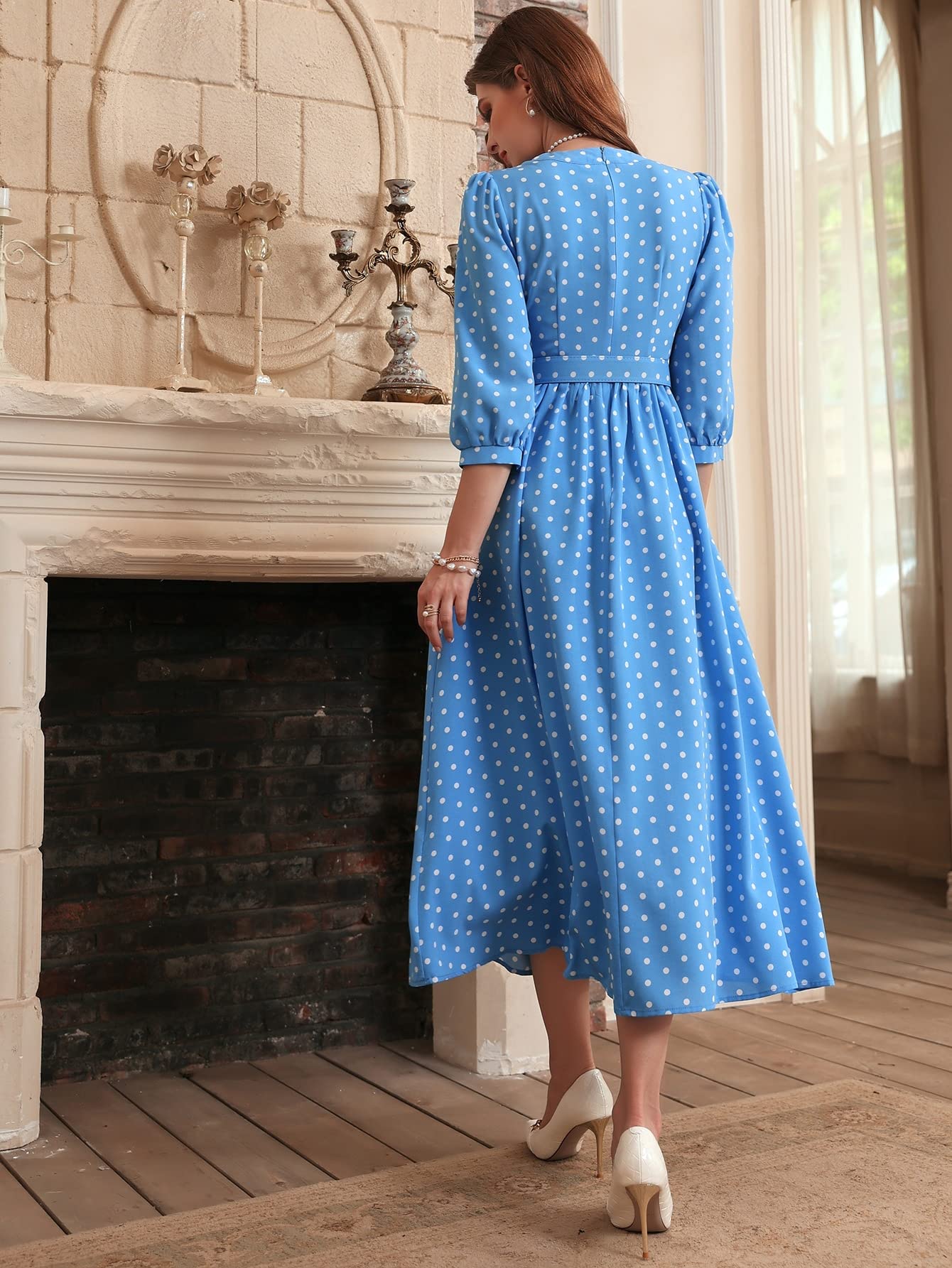 WDIRARA Women's Polka Dots Puff 3/4 Sleeve A Line Pleated Belted Flare Cocktail Long Dress Blue L