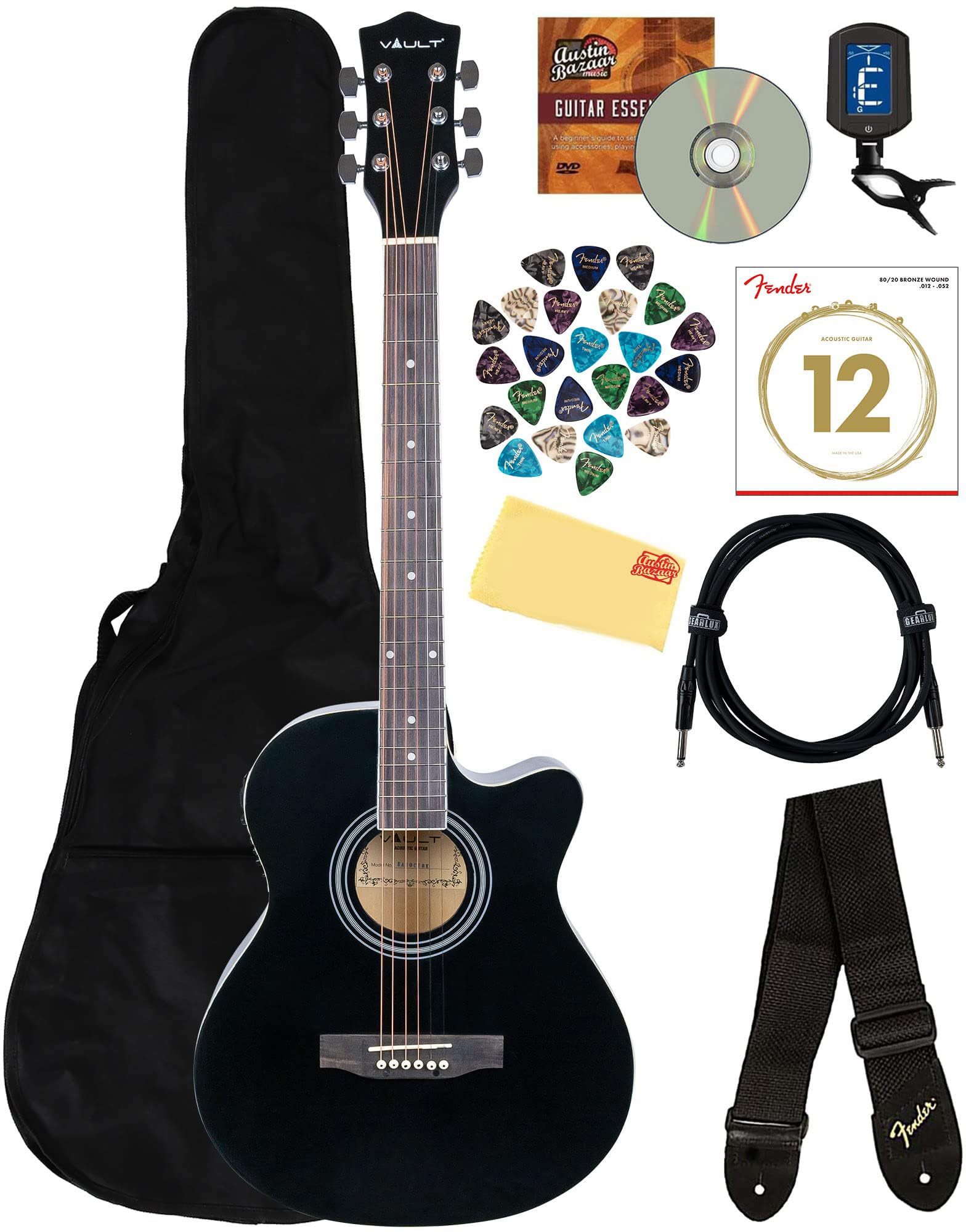 Vault EA-20CE Cutaway Acoustic-Electric Guitar - Black Bundle with Gig Bag, Tuner, Strap, Strings, Instrument Cable, Picks, Austin Bazaar Instructional DVD, and Polishing Cloth