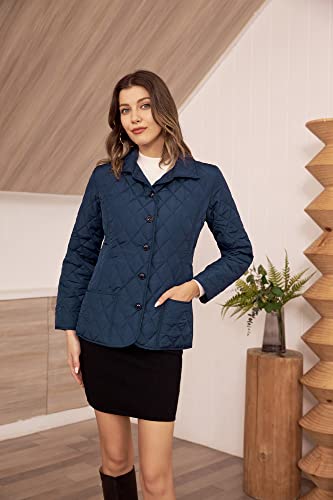 GRACE KARIN Lightweight Quilted Jacket for Women Casual Winter Lapel Coats Long Sleeve Button Down Outwear with Pockets Navy Blue XXL