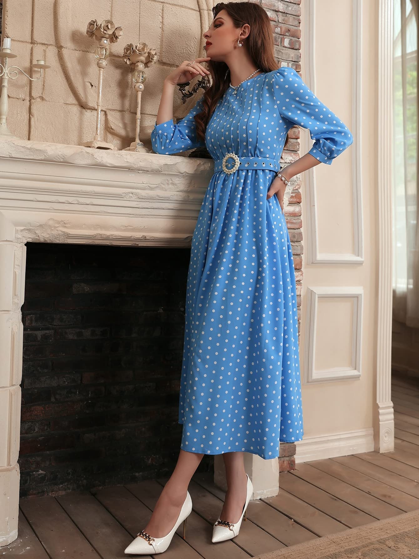 WDIRARA Women's Polka Dots Puff 3/4 Sleeve A Line Pleated Belted Flare Cocktail Long Dress Blue L