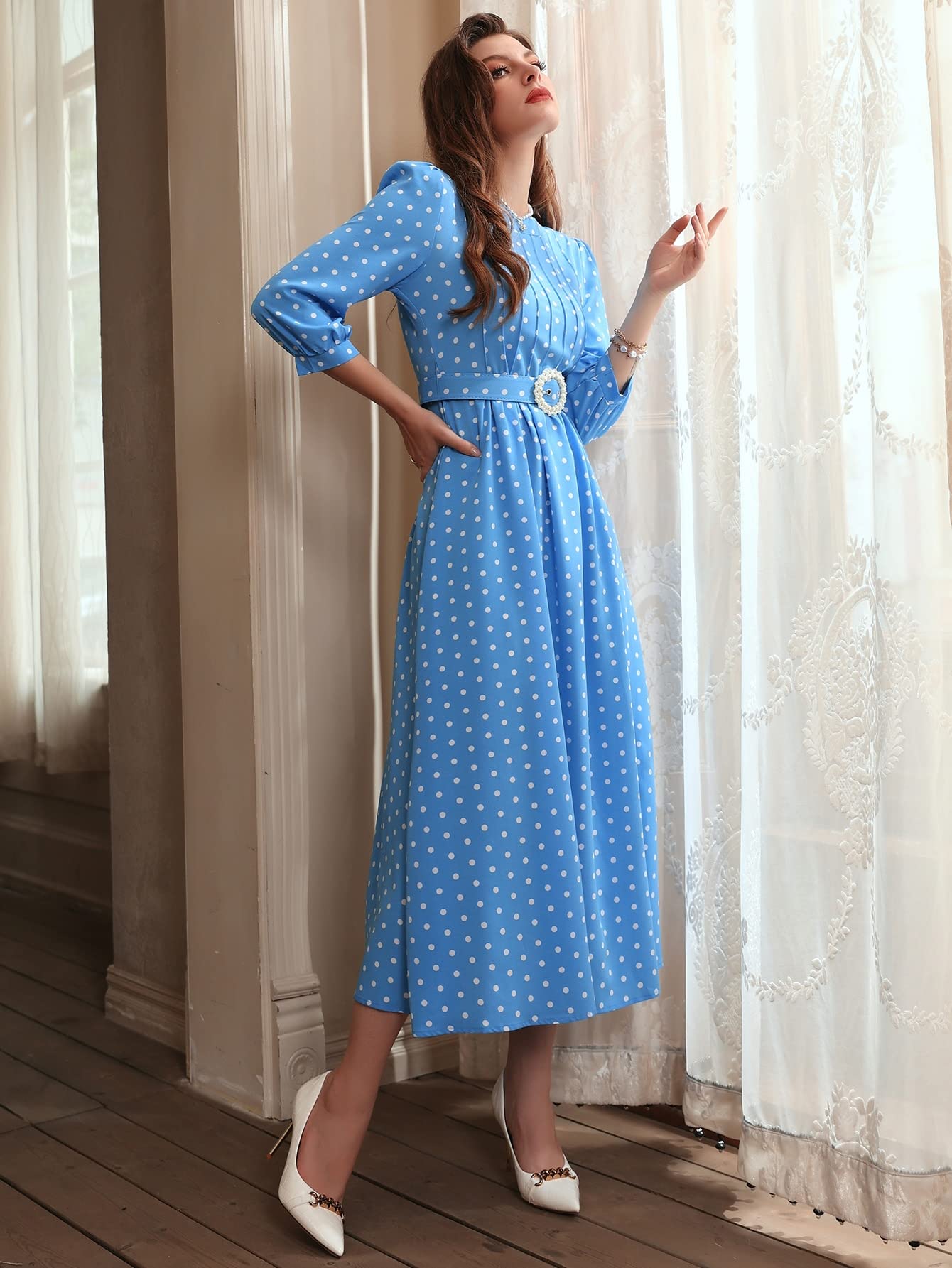WDIRARA Women's Polka Dots Puff 3/4 Sleeve A Line Pleated Belted Flare Cocktail Long Dress Blue L