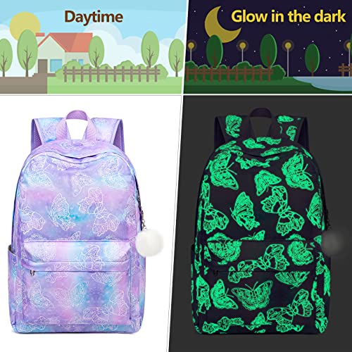 CAMTOP School Backpack for Girls Teens Bookbag Set Kids Backpack 3 In 1,School Bags with Lunch Box Pencil Case for Age 6-14 (Butterfly-Luminous)