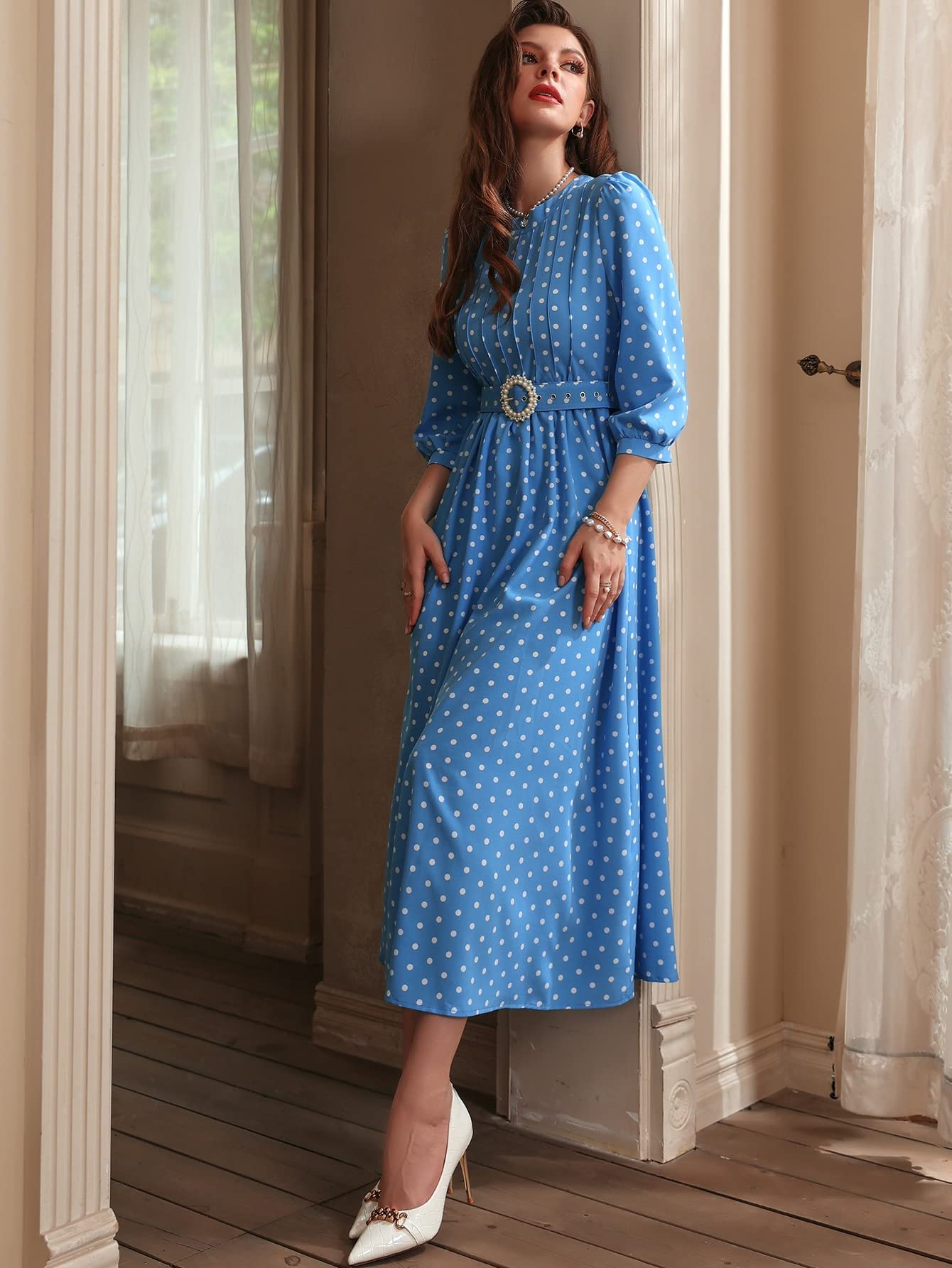 WDIRARA Women's Polka Dots Puff 3/4 Sleeve A Line Pleated Belted Flare Cocktail Long Dress Blue L