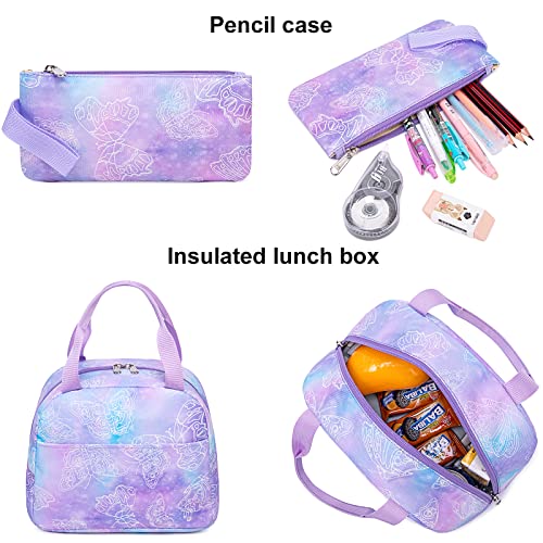 CAMTOP School Backpack for Girls Teens Bookbag Set Kids Backpack 3 In 1,School Bags with Lunch Box Pencil Case for Age 6-14 (Butterfly-Luminous)