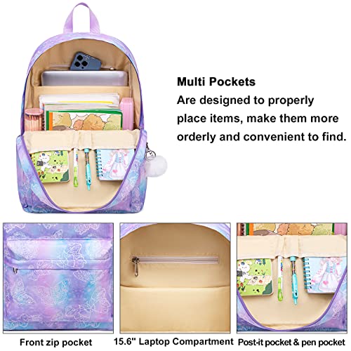 CAMTOP School Backpack for Girls Teens Bookbag Set Kids Backpack 3 In 1,School Bags with Lunch Box Pencil Case for Age 6-14 (Butterfly-Luminous)
