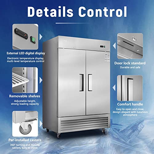 INSONG 54" Commercial Freezer, 49 cu.ft with 2 Solid Door Stainless Steel Reach-in Freezer for Restaurant, Bar, Shop, Residential