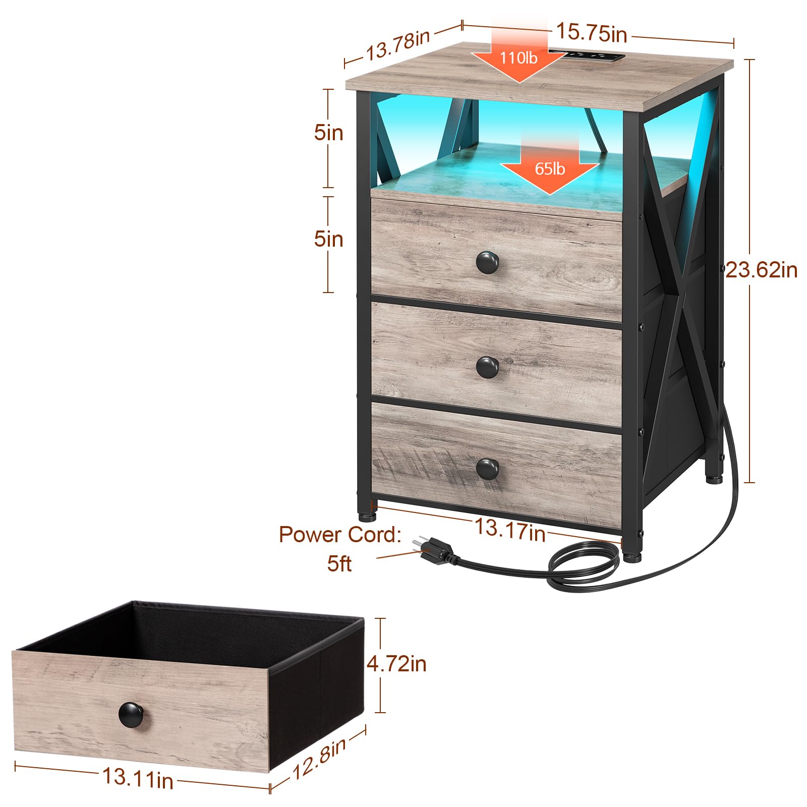 AMHANCIBLE Night Stand Set 2, LED Nightstand with Charging Station, End Side Tables with USB Port & Outlet, Bedside Table with 3 Fabric Drawers for Bedroom Living Room, Greige, HET053LGY