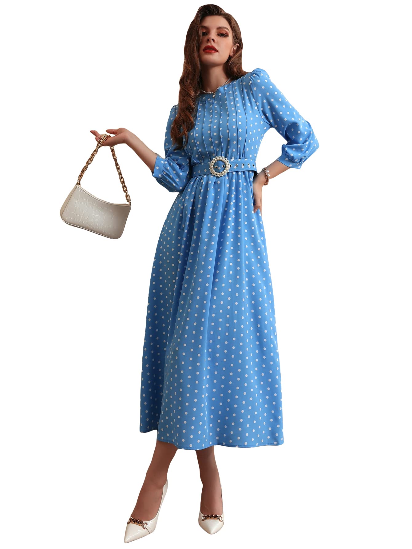WDIRARA Women's Polka Dots Puff 3/4 Sleeve A Line Pleated Belted Flare Cocktail Long Dress Blue L