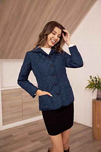 GRACE KARIN Lightweight Quilted Jacket for Women Casual Winter Lapel Coats Long Sleeve Button Down Outwear with Pockets Navy Blue XXL