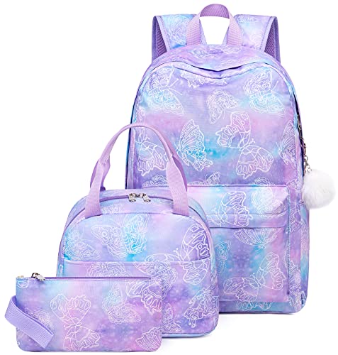 CAMTOP School Backpack for Girls Teens Bookbag Set Kids Backpack 3 In 1,School Bags with Lunch Box Pencil Case for Age 6-14 (Butterfly-Luminous)