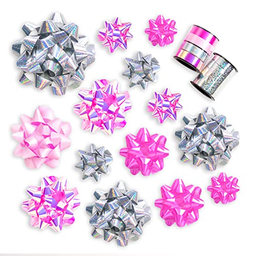 WRAPAHOLIC 16 Pcs Gift Bows Assortment - 14 Multi Colored Assorted Size Gift Bows (Pink, Fushcia, Silver) and 2 Crimped Curling Ribbons, Perfect for Christmas, Holiday, Party