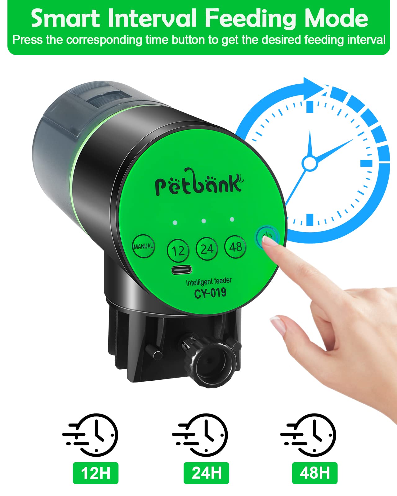 Petbank Automatic Fish Feeder for Aquarium - Auto Fish Food Dispenser Rechargeable for Small Large Tank with USB Charger Cable,12/24/48H Interval Esay Set Up (Green, CY-019)