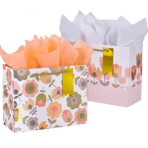 SUNCOLOR 2-Pack 9" Small Gift Bags with Tissue Paper For Her(Tulip Flower)