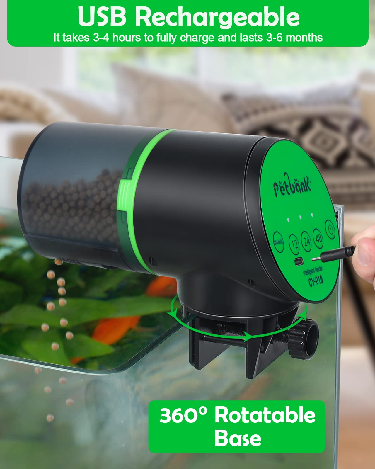 Petbank Automatic Fish Feeder for Aquarium - Auto Fish Food Dispenser Rechargeable for Small Large Tank with USB Charger Cable,12/24/48H Interval Esay Set Up (Green, CY-019)