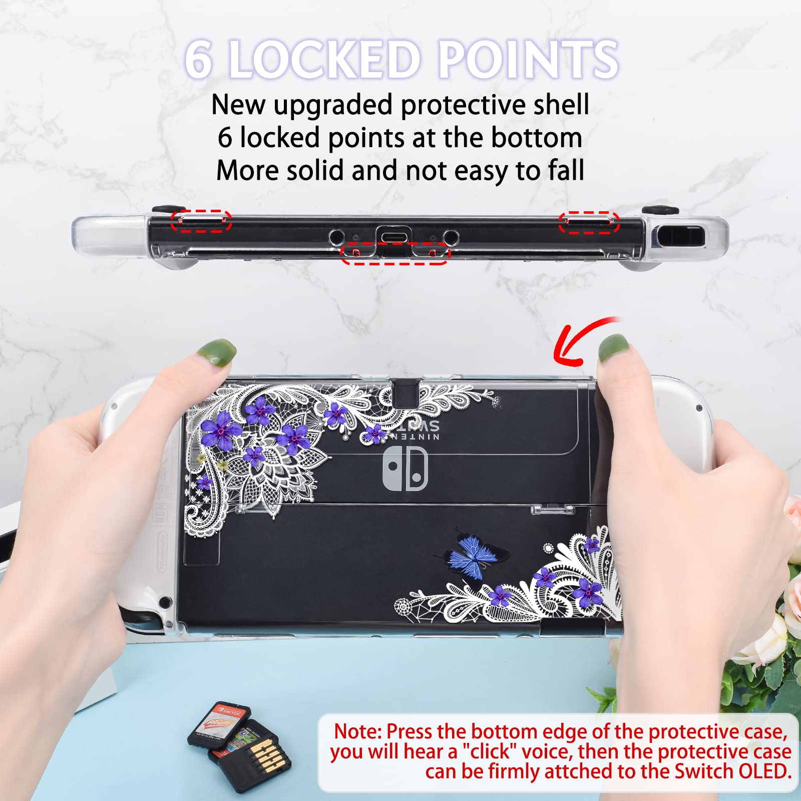 DLseego Purple Butterfly Flower Floral Switch OLED Case 2021 Version Anti-Scratch Dockable Console Clear PC Hard Shell Soft TPU Shock-Absorption Joy Con Cover Romantic Design for Switch OLED Model