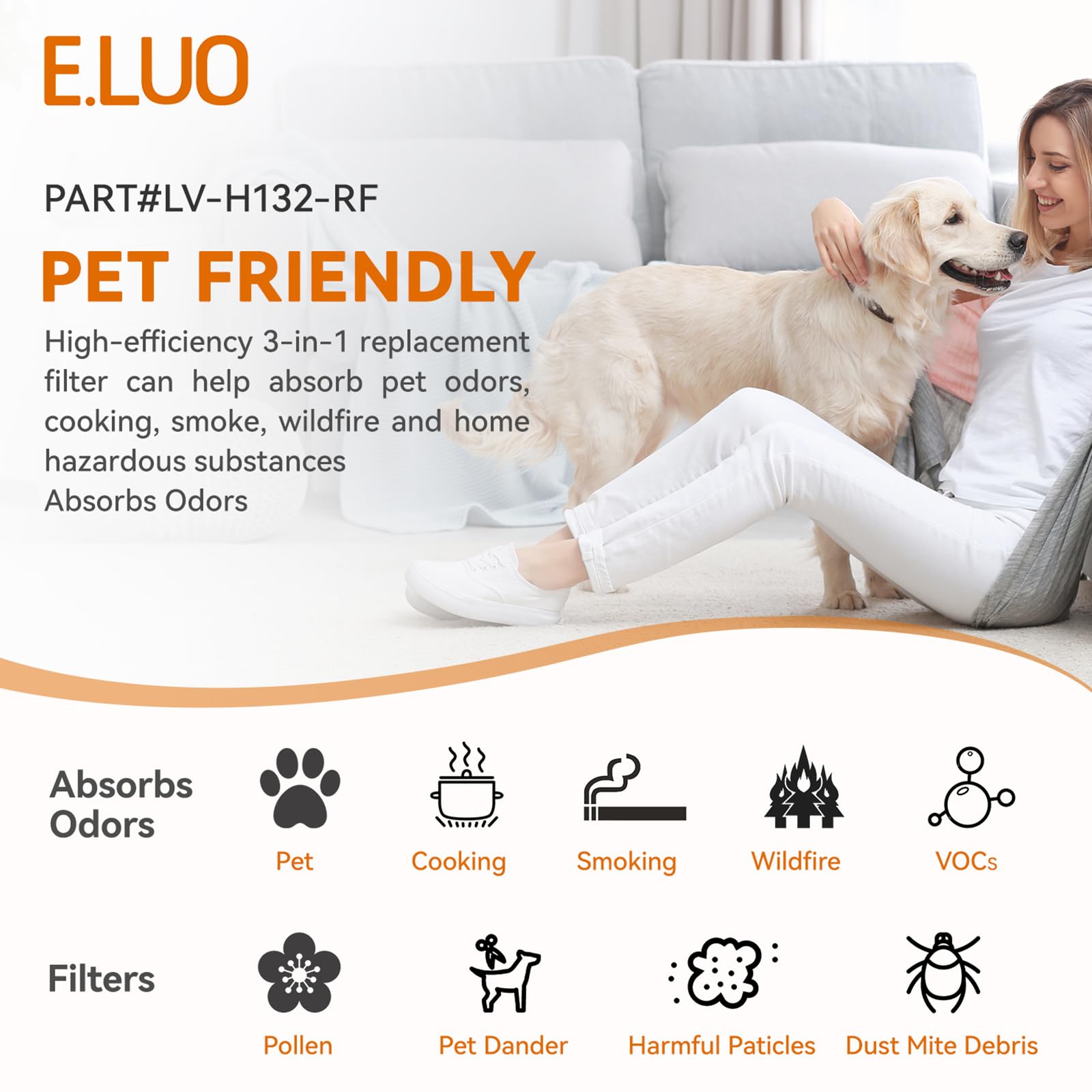 E.LUO LV-H132 Air Purifier Replacement Filter, Compatible with LEVOIT LV-H132, 3-in-1 (Nylon Pre-Filter, True HEPA Filter, High-Efficiency Activated Carbon Filter)