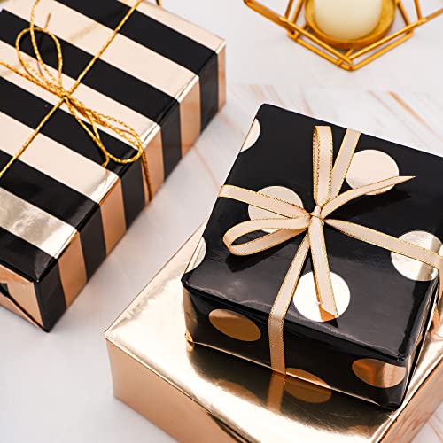 Packanewly Wrapping Paper Roll - 17 inch x 120 inch (3-Pack, 42.3 sq.ft.ttl.) Mini Roll - Black Gold Design with Big Dot, Stripe