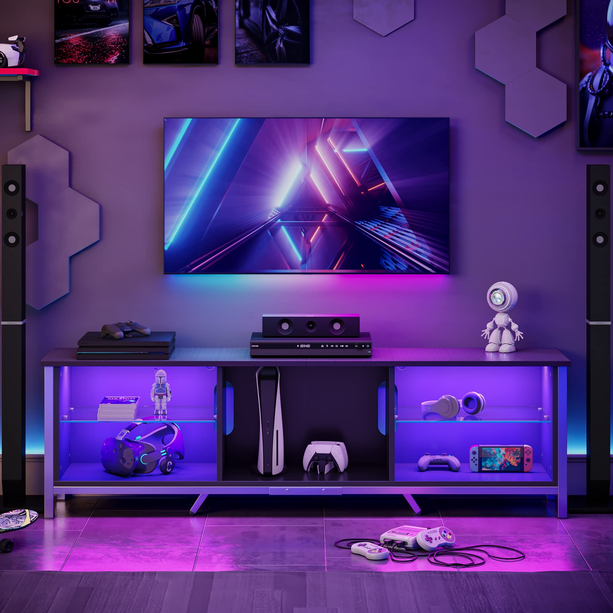 Bestier TV Stand with LED Light for 75 inch TV, Modern Gaming Entertainment Center with Detachable Glass Shelves for PS5 Black Carbon Fiber