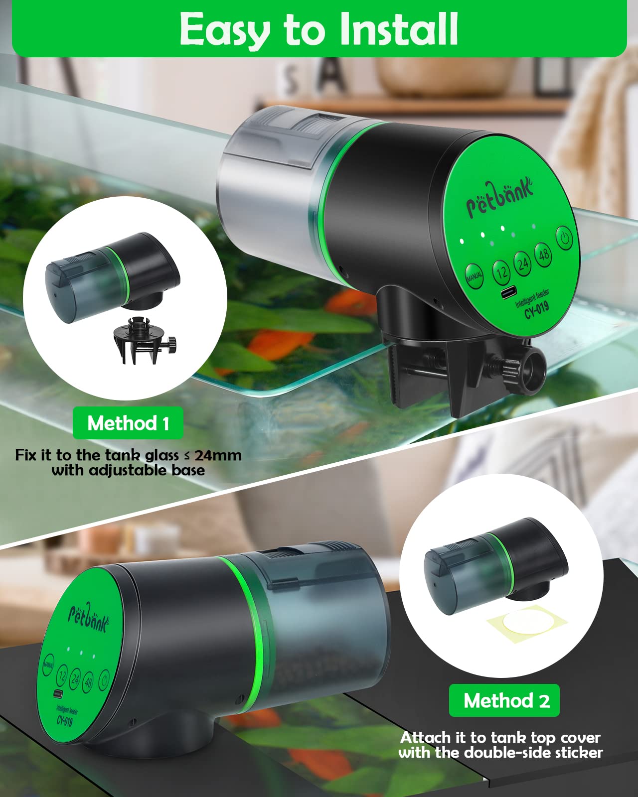 Petbank Automatic Fish Feeder for Aquarium - Auto Fish Food Dispenser Rechargeable for Small Large Tank with USB Charger Cable,12/24/48H Interval Esay Set Up (Green, CY-019)