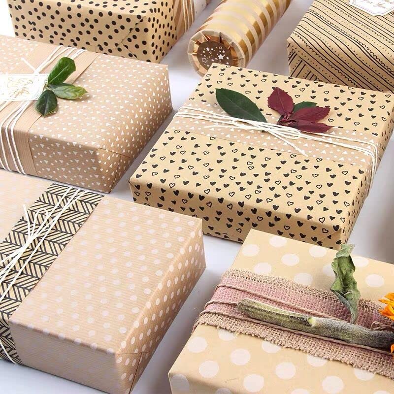 WOPARTY Wrapping Paper Sheets - Folded Flat - Birthday Wrapping Paper Set Included 6 Pack Gift Wrap Paper with Ribbon,Tag,Kraft Brown for Birthday,Bridal Baby Shower,Weddings,Graduations,More...