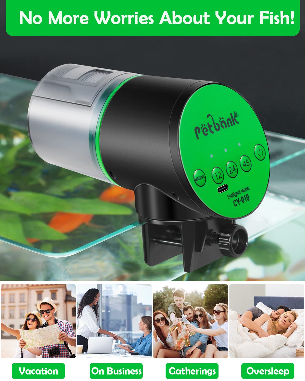Petbank Automatic Fish Feeder for Aquarium - Auto Fish Food Dispenser Rechargeable for Small Large Tank with USB Charger Cable,12/24/48H Interval Esay Set Up (Green, CY-019)