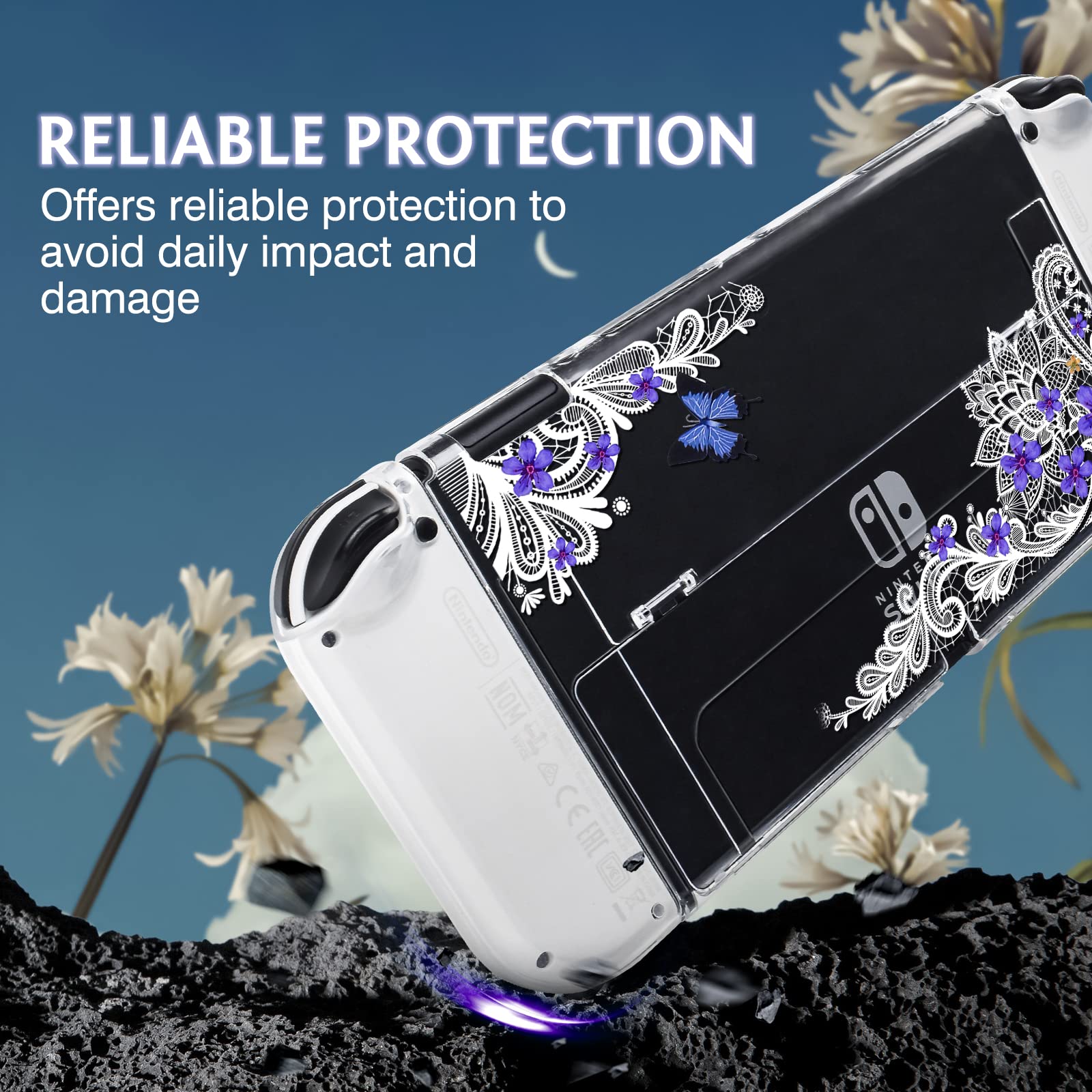 DLseego Purple Butterfly Flower Floral Switch OLED Case 2021 Version Anti-Scratch Dockable Console Clear PC Hard Shell Soft TPU Shock-Absorption Joy Con Cover Romantic Design for Switch OLED Model