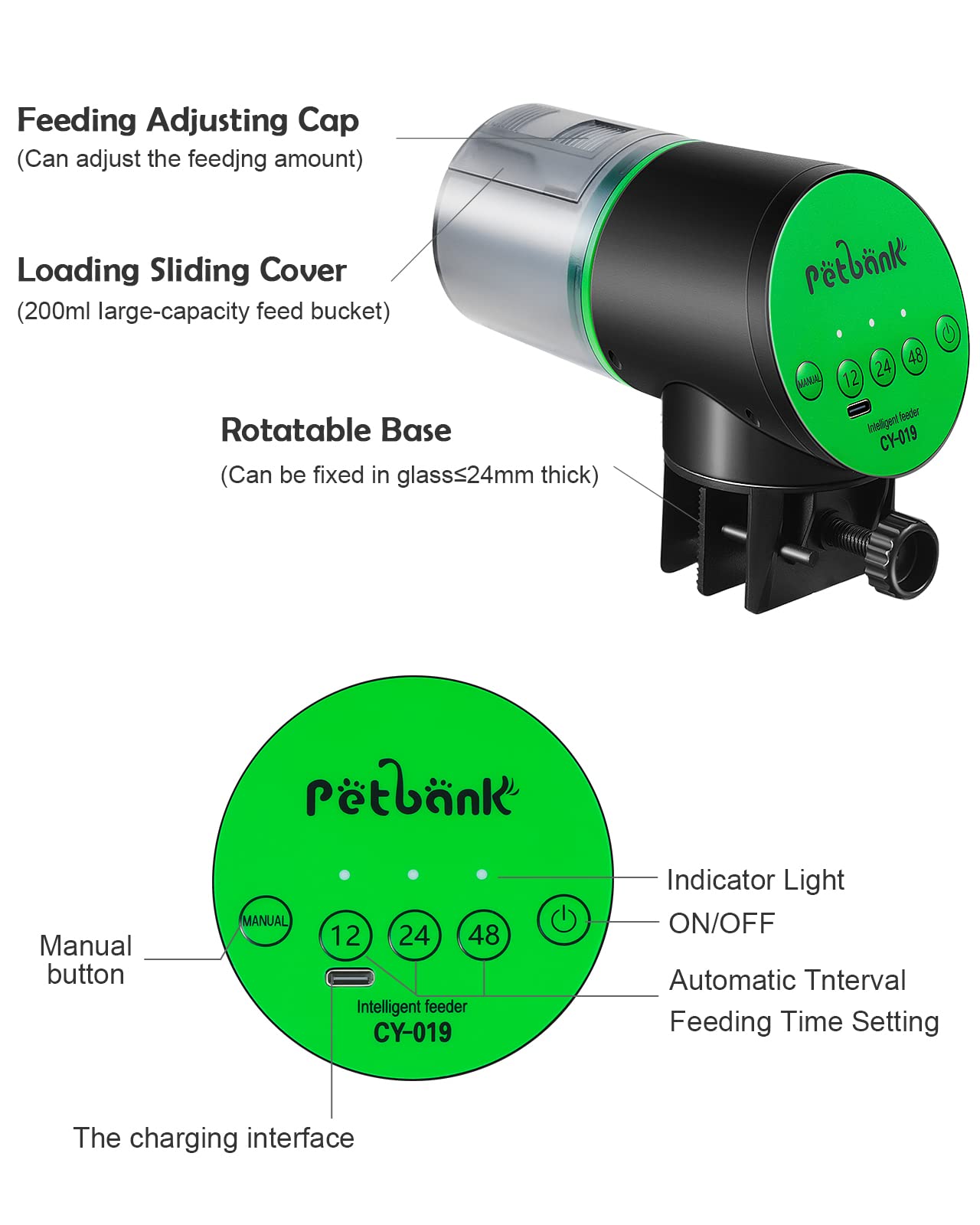 Petbank Automatic Fish Feeder for Aquarium - Auto Fish Food Dispenser Rechargeable for Small Large Tank with USB Charger Cable,12/24/48H Interval Esay Set Up (Green, CY-019)