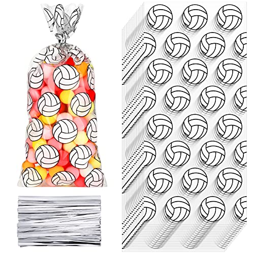 Outus 100 Pieces Volleyball Bags Volleyball Gifts Bags Volleyball Treat Bags Volleyball Print Cellophane Goody Bags with 200 Pieces Twist Ties for Birthday Party Supplies Goody Favor (Transparent)