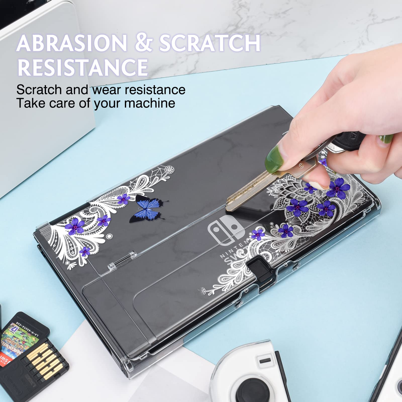 DLseego Purple Butterfly Flower Floral Switch OLED Case 2021 Version Anti-Scratch Dockable Console Clear PC Hard Shell Soft TPU Shock-Absorption Joy Con Cover Romantic Design for Switch OLED Model