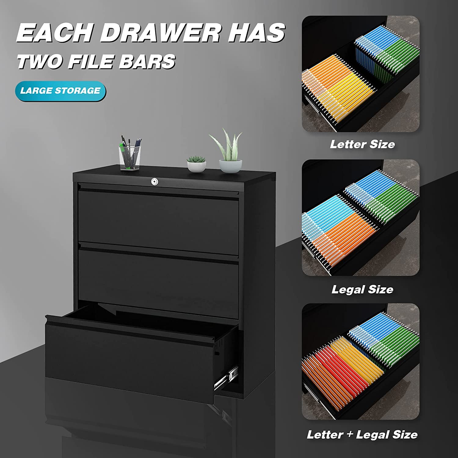 Greenvelly 3 Drawer Lateral File Cabinet with Lock Metal Filing Cabinet for Home Office