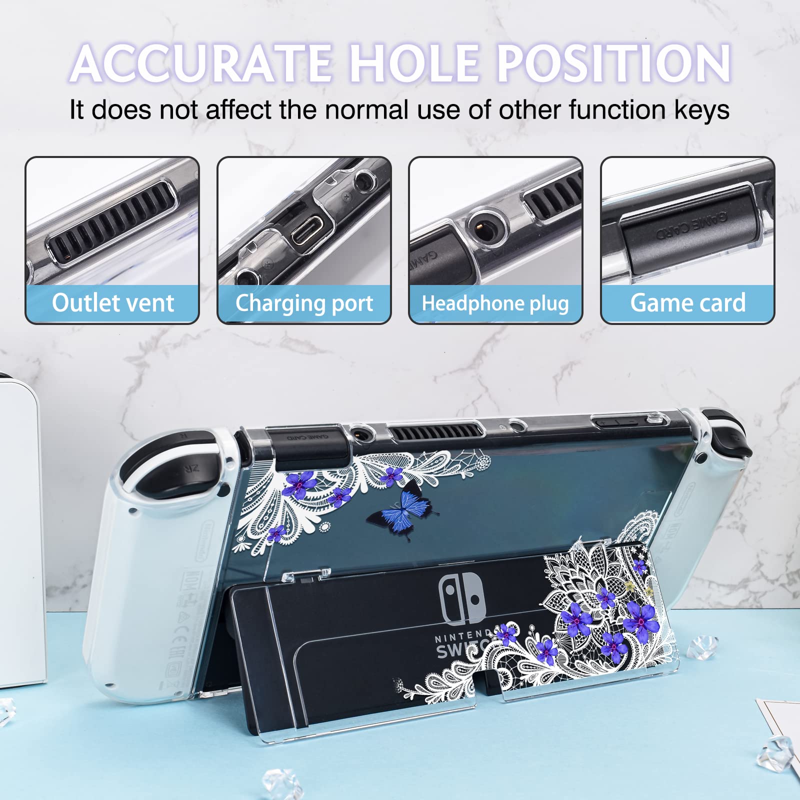 DLseego Purple Butterfly Flower Floral Switch OLED Case 2021 Version Anti-Scratch Dockable Console Clear PC Hard Shell Soft TPU Shock-Absorption Joy Con Cover Romantic Design for Switch OLED Model