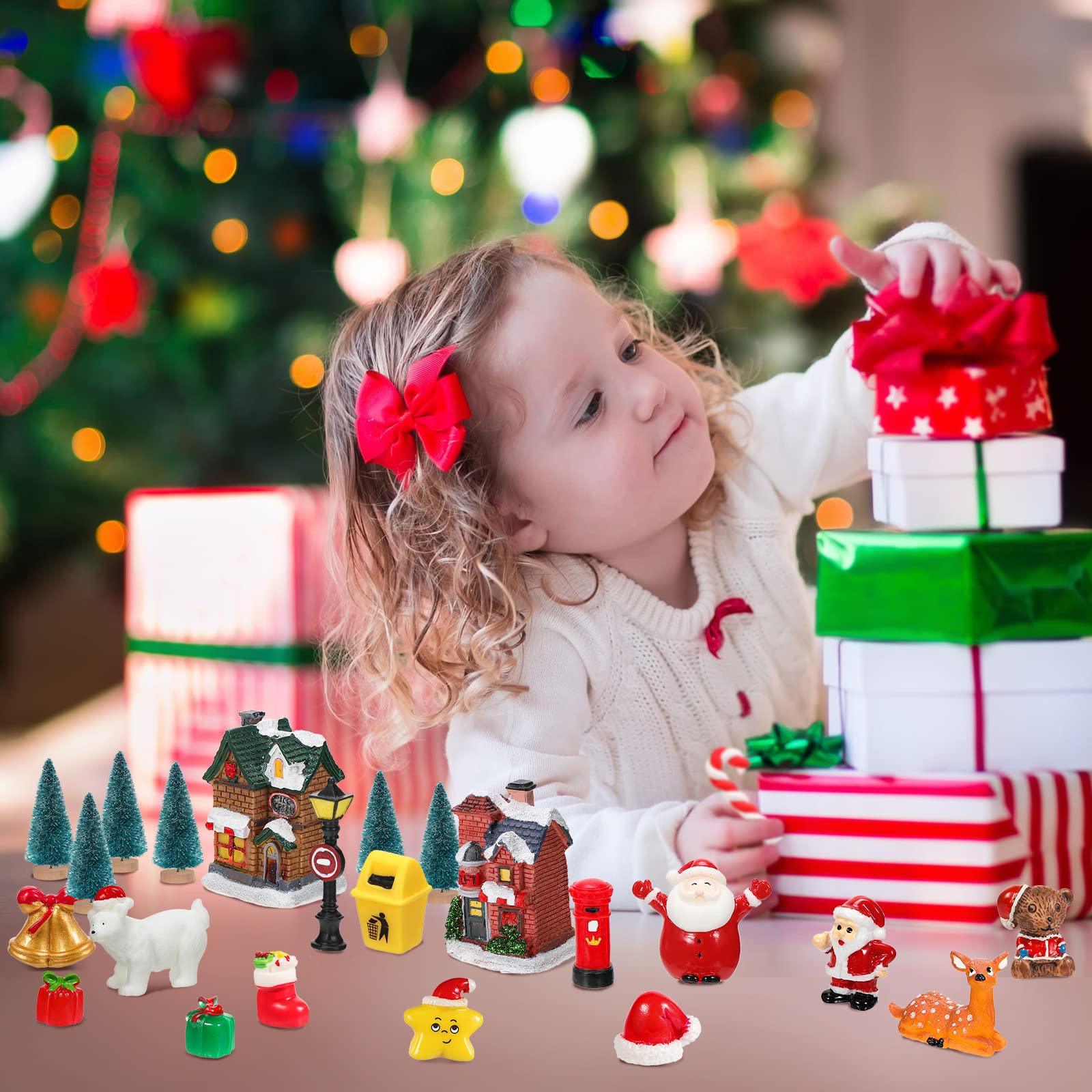 44 Pieces Christmas Light up Village Houses LED Lights Christmas Village Scene Display Tiny Resin Fairy Figurines Accessories Miniature Ornaments for Collection Table Decor
