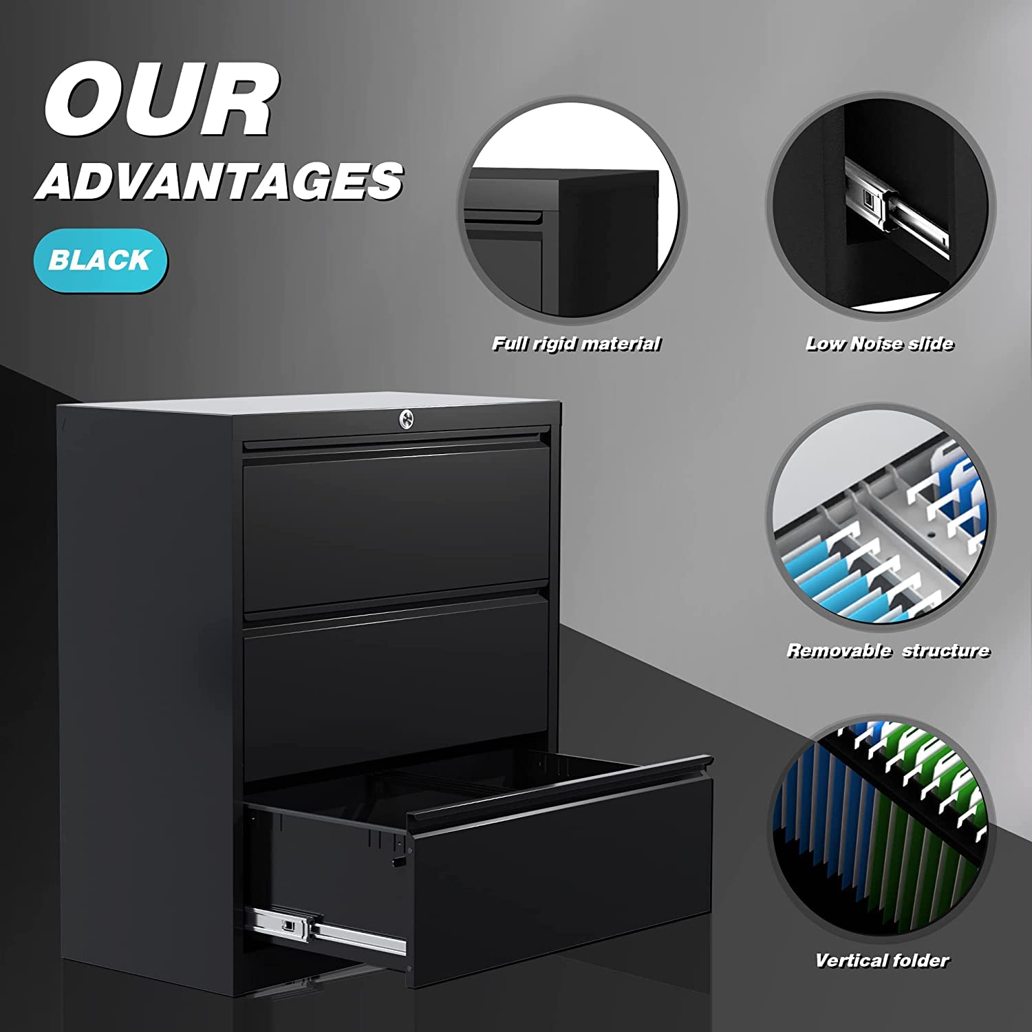 Greenvelly 3 Drawer Lateral File Cabinet with Lock Metal Filing Cabinet for Home Office