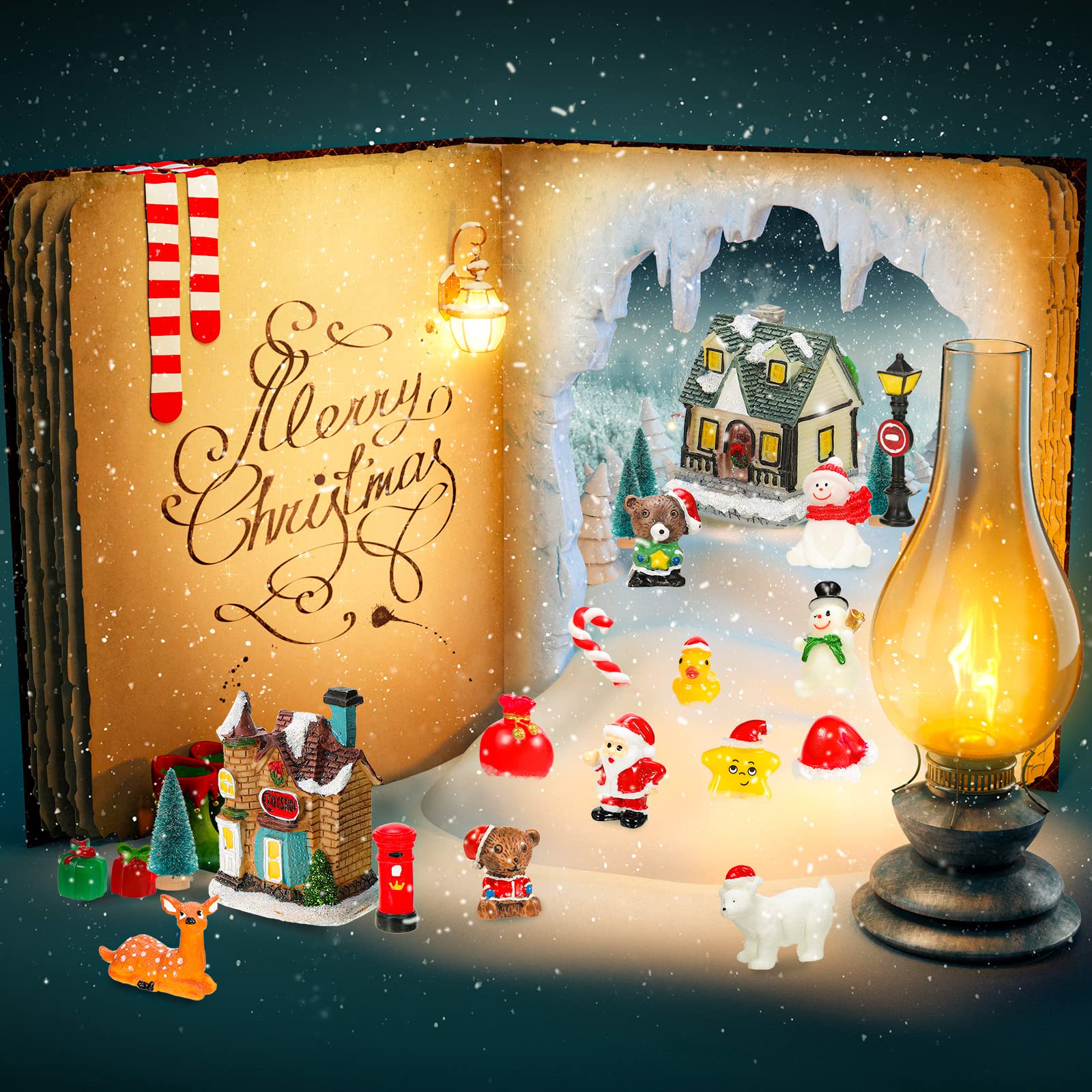 44 Pieces Christmas Light up Village Houses LED Lights Christmas Village Scene Display Tiny Resin Fairy Figurines Accessories Miniature Ornaments for Collection Table Decor