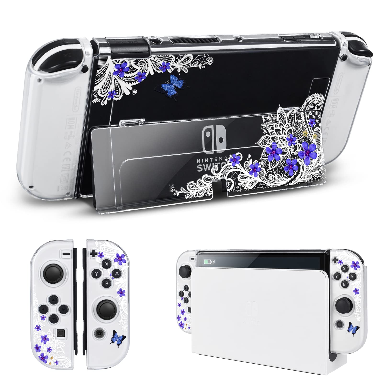 DLseego Purple Butterfly Flower Floral Switch OLED Case 2021 Version Anti-Scratch Dockable Console Clear PC Hard Shell Soft TPU Shock-Absorption Joy Con Cover Romantic Design for Switch OLED Model