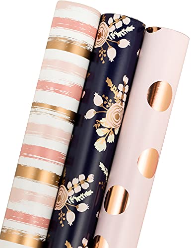 MAYPLUSS Wrapping Paper Roll - Mini Roll - 17 inch X 120 inch Per roll - Pink Polkas Dots, Stripe & Black Floral Design (42.3 sq.ft.ttl)