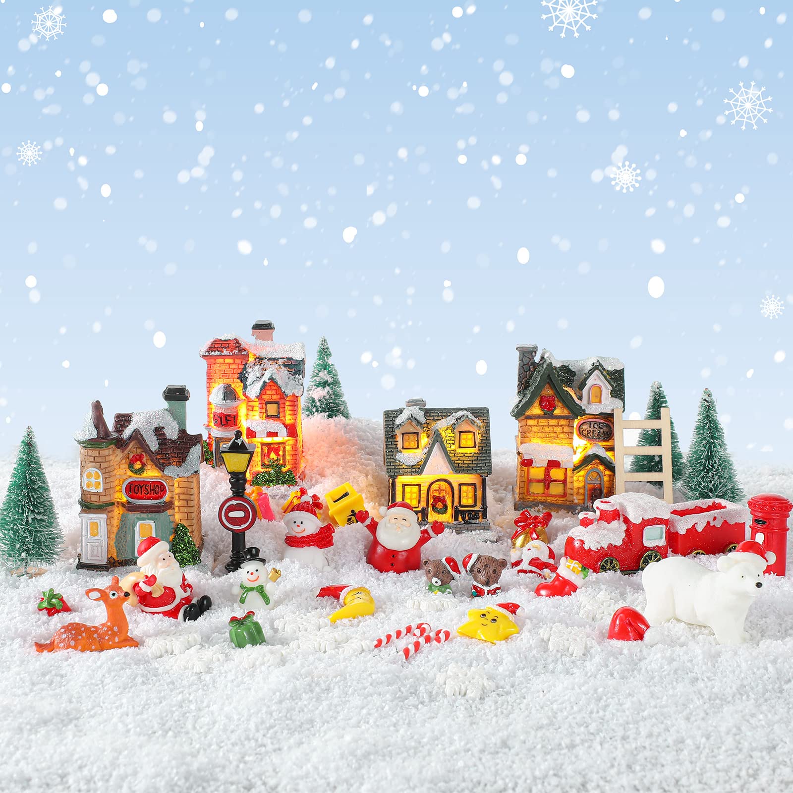 44 Pieces Christmas Light up Village Houses LED Lights Christmas Village Scene Display Tiny Resin Fairy Figurines Accessories Miniature Ornaments for Collection Table Decor