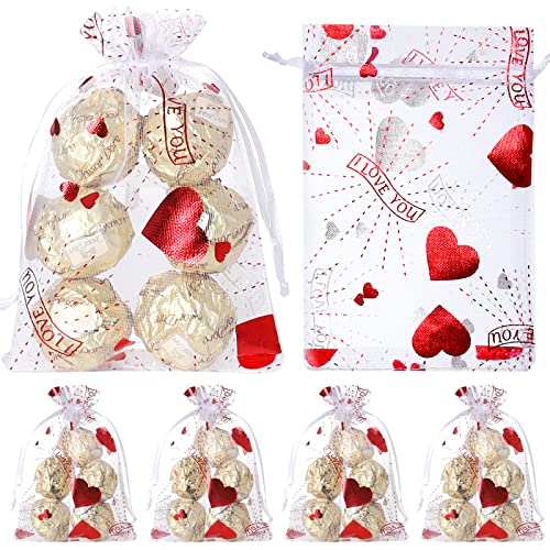 ENNIYU 100PCS Heart Organza Bags, 4x6 Wedding Favor Bags with Drawstring, Premium Mesh Jewelry Gift Bags for Valentines Candy Bags