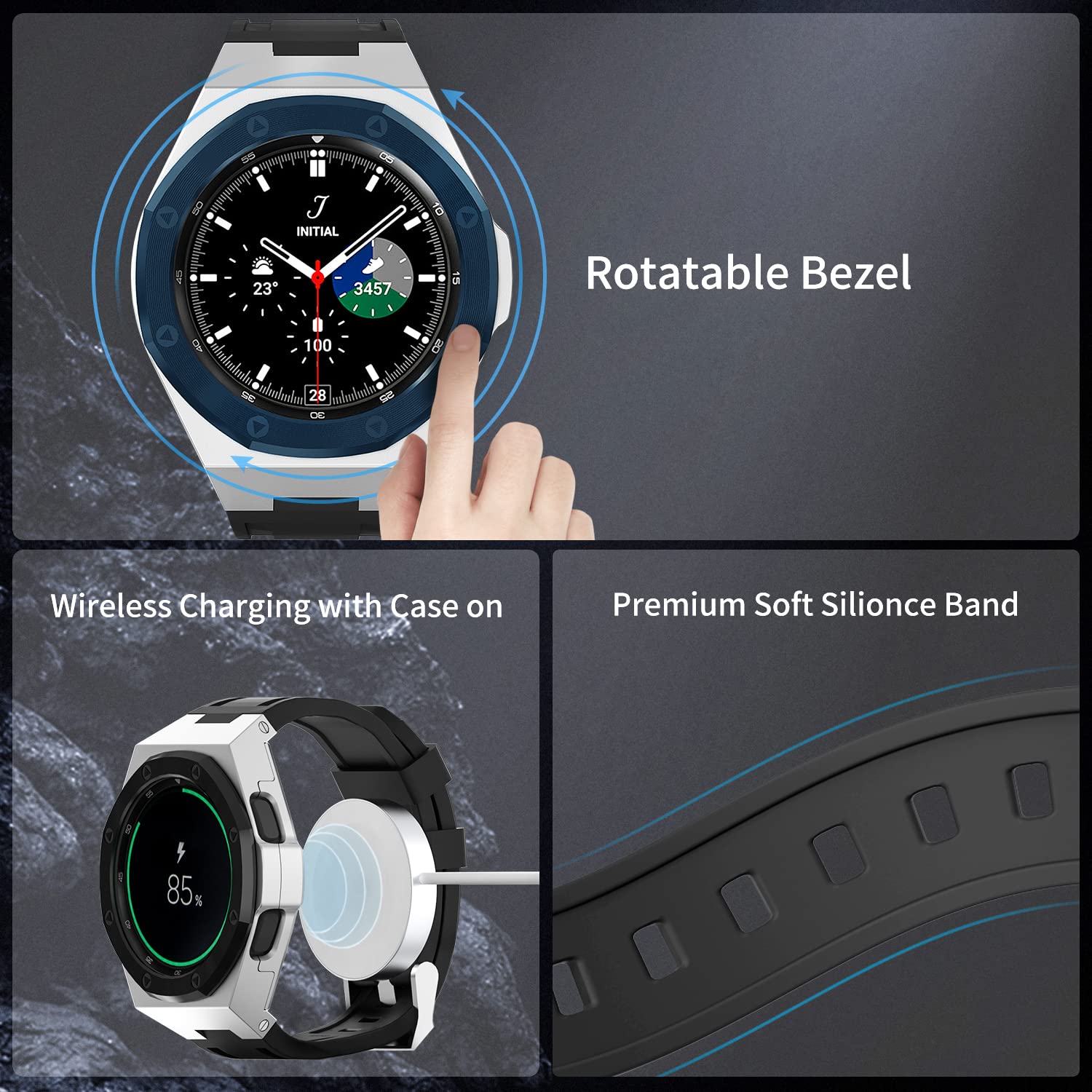 DGYSG Luxury Case Designed for Samsung Galaxy Watch 4 Classic 46mm 2021, Rugged Military Protective Metal Bumper Case with Tactical Silicone Band for Men, Silver