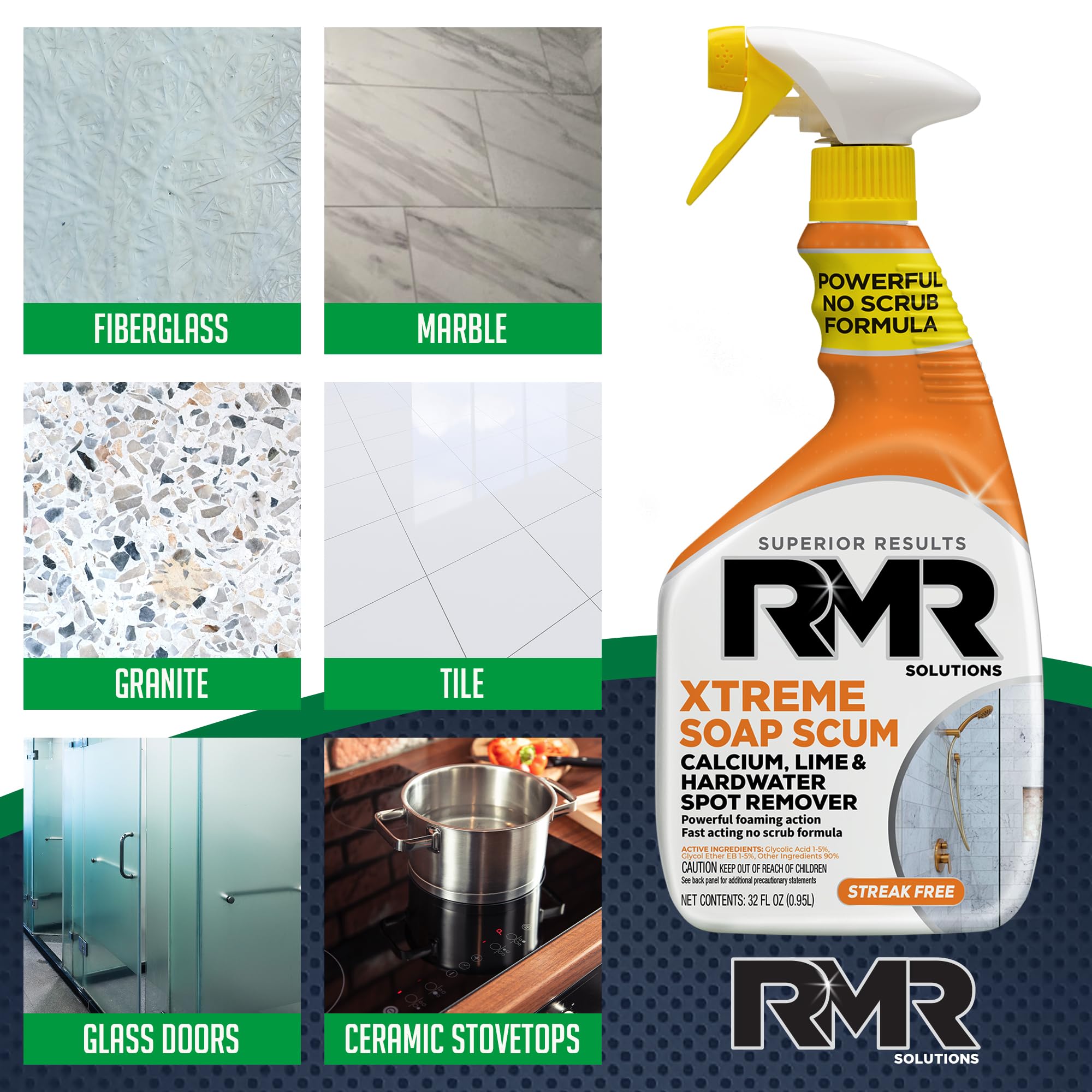 RMR - Xtreme Soap Scum Remover, Fast-Acting, No-Scrub Bathroom Cleaner for Soap Scum, Calcium, Hard Water, Limescale, and Shower Tile Residue, Bleach-Free, 30-Fluid Ounce Spray Bottle