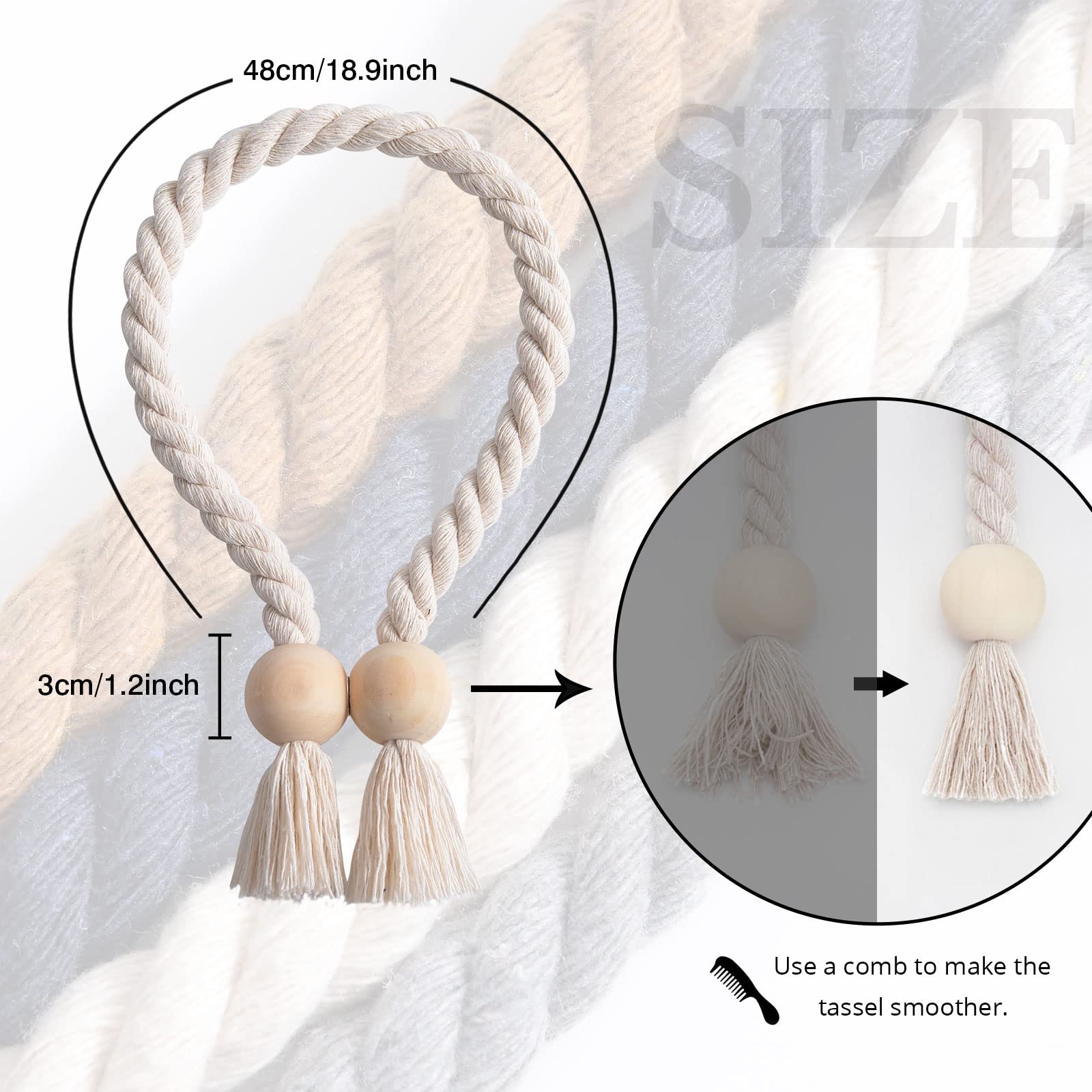NICEEC 2 Pack Wooden Ball Magnetic Curtain Tiebacks Boho Home Decor Drape Tie Backs Natural Cotton Hand Woven Rope Curtain Holdbacks for Thin & Thick Home & Office Window Draperies (Beige)