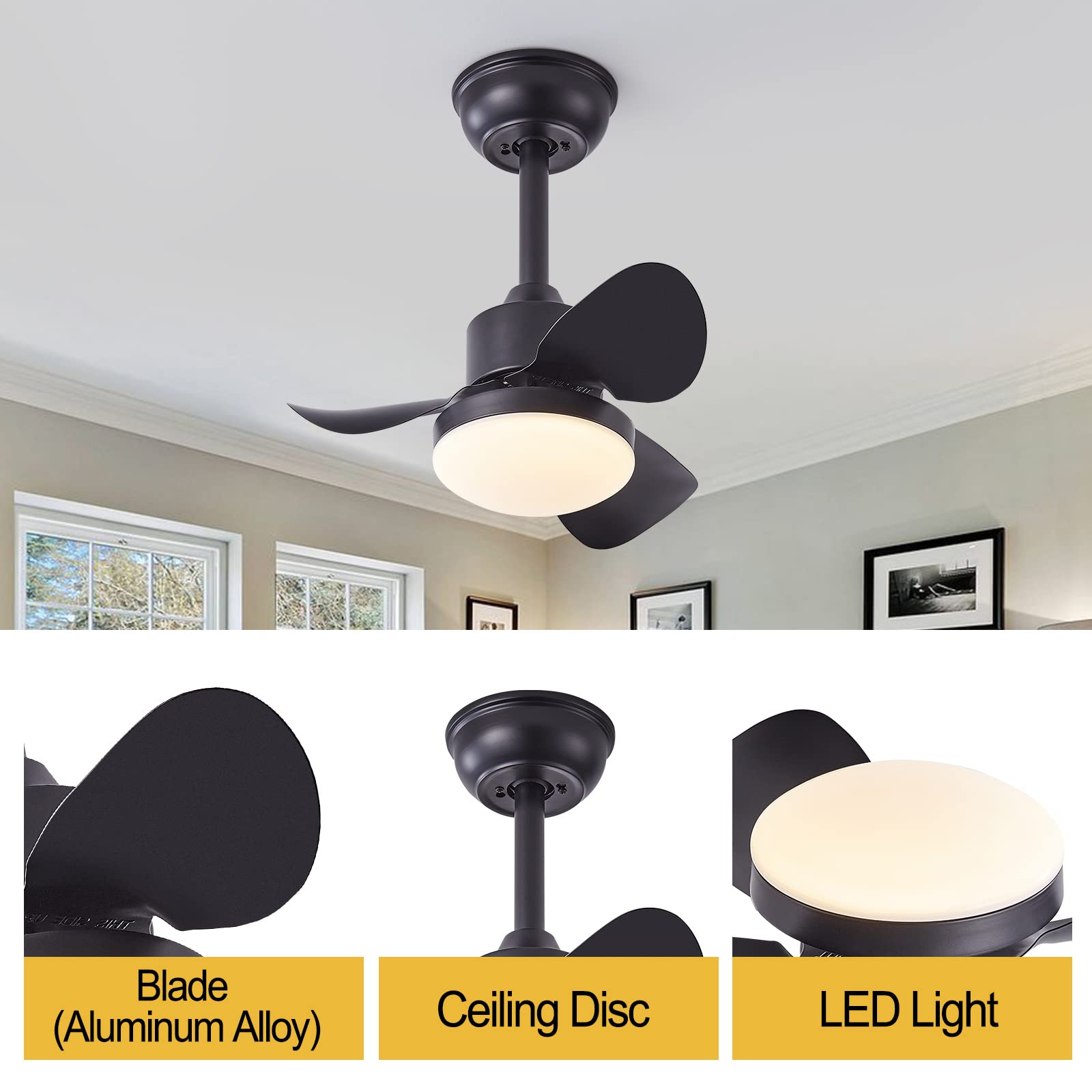 EMIKIRII Ceiling Fan with Lights and Remote,21'' Small Modern Ceiling Fan,Smart APP Control,Dimmable Metal Blades Flush Mount Quiet Mini Ceiling Fans Lights for Kitchen Dining Room Bedroom