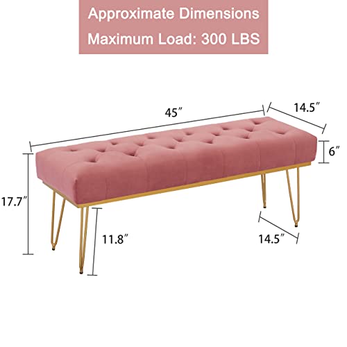 Kingfun Velvet Bedroom Bench with Gold Base&Metal Legs, Tufted Upholstered End of Bed Bench, Indoor Benches for Entryway Dining Living Room Window, Accent Ottoman Bench long Seat Foot Rest Stool(Pink)